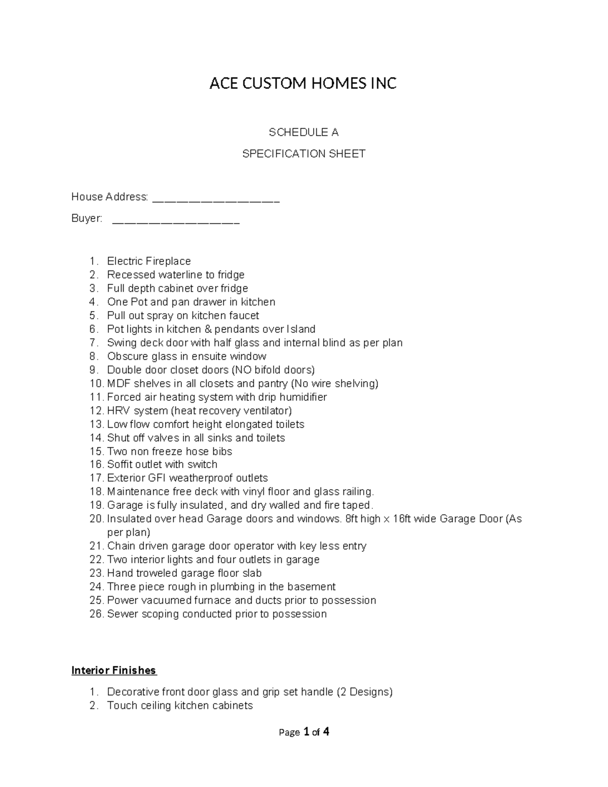 SPEC Sheet Chappelle Townhomes - ACE CUSTOM HOMES INC SCHEDULE A ...