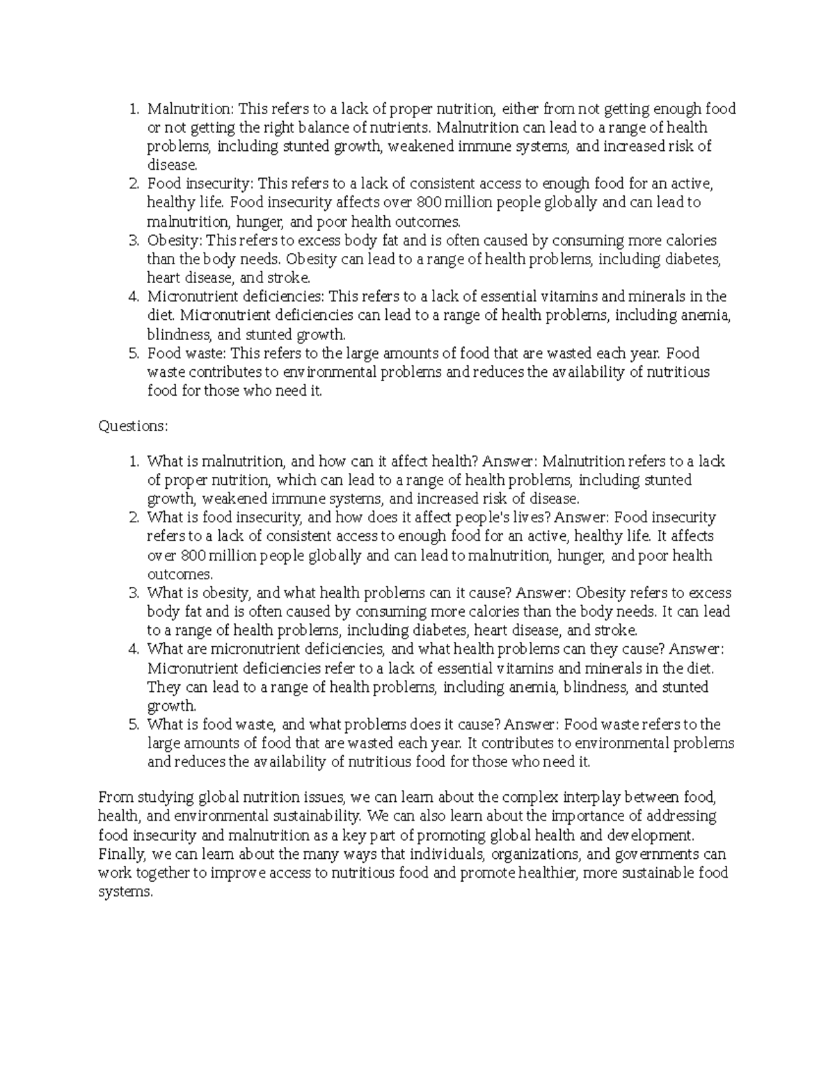 Global nutrition - Chapter Summary - Malnutrition: This refers to a ...