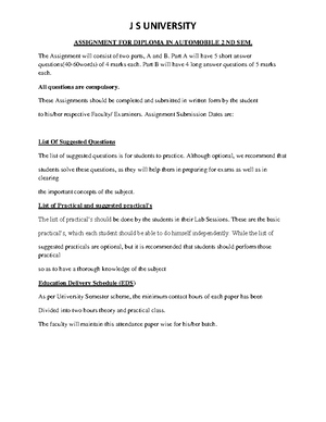 Assignment FOR Automobile 3RD SEM - J S University Assignment For ...