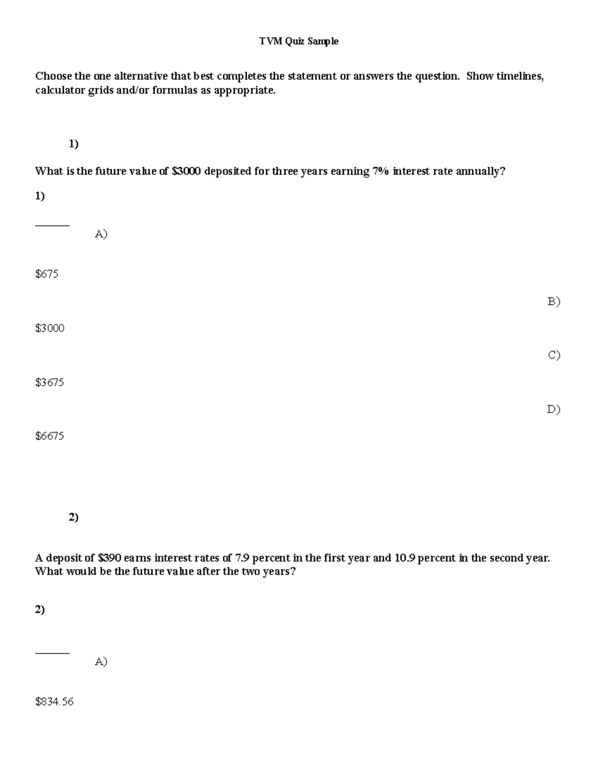 Week 5 Sample TVM Problems - TVM Quiz Sample Choose the one alternative ...