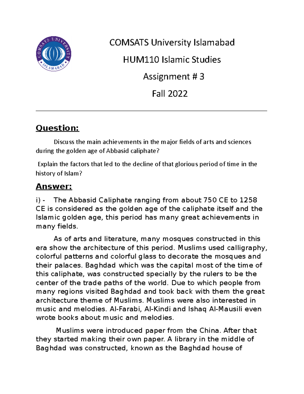 Islamiat Assignment 3 - COMSATS University Islamabad HUM110 Islamic Studies Assignment # 3 Fall ...