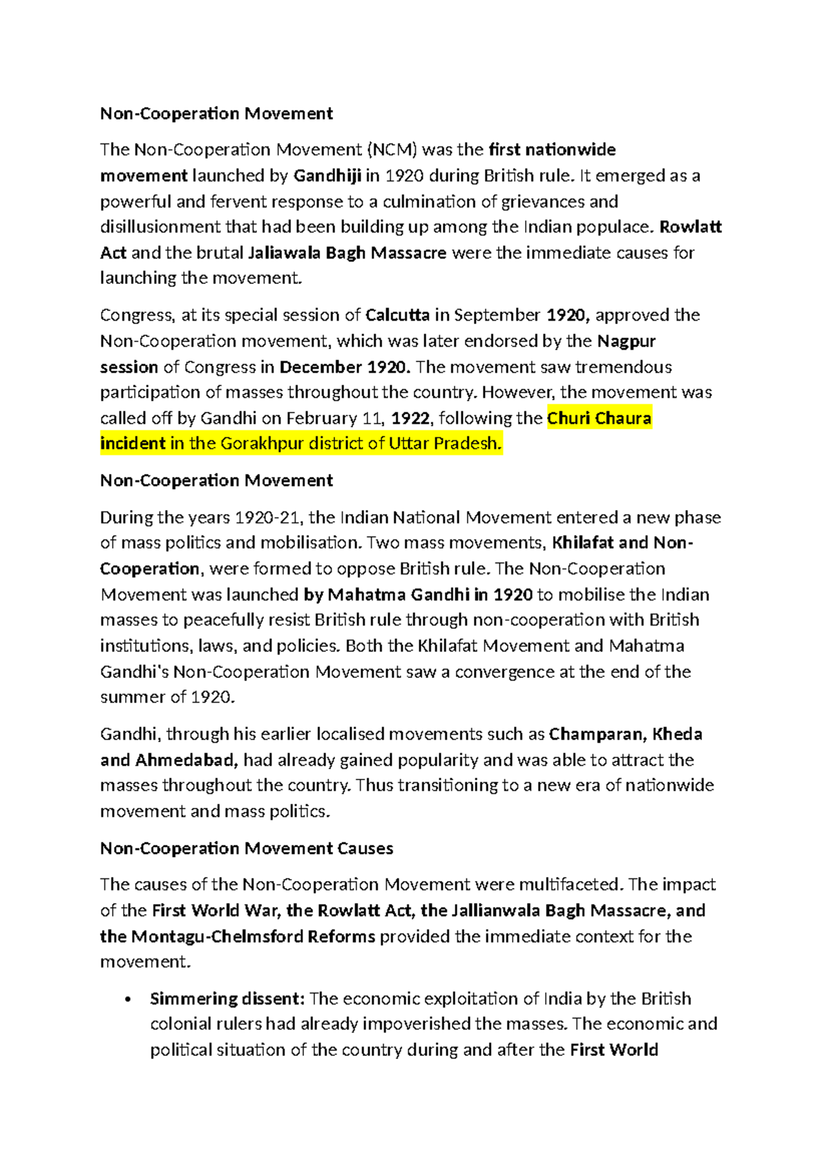 Gandhian Phase-NON Coperation Movement - Non-Cooperation Movement The ...