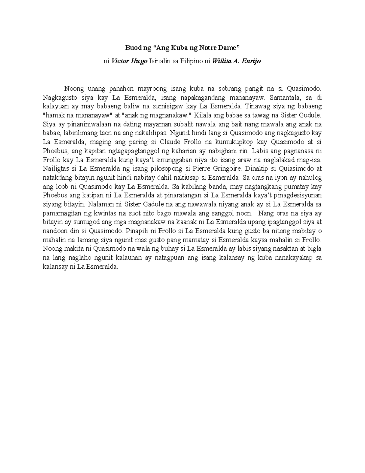 Mediterranean Short Story - Buod ng “Ang Kuba ng Notre Dame” ni Victor ...