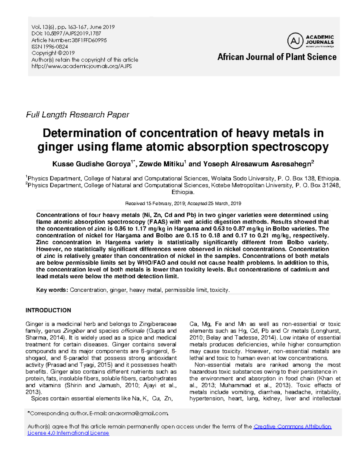 Determination of concentration of heavy metals in ginger using flame ...
