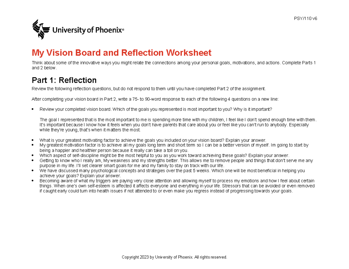 Psy110 v6 wk5 my vision board and reflection worksheet - PSY/110 v My ...