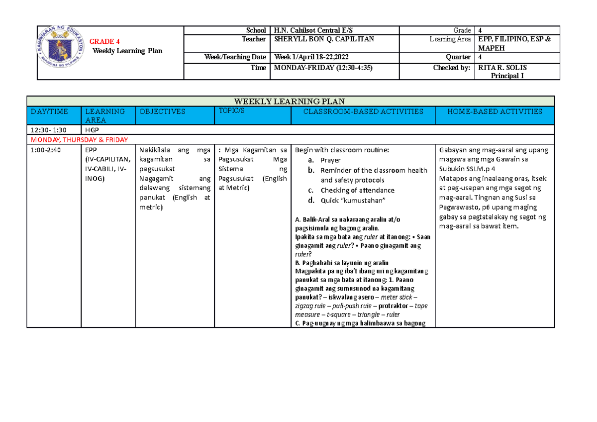 Weekly Learning Plan Q.4 Week 1(EPP,FIL,ESP& Mapeh) - GRADE 4 Weekly ...