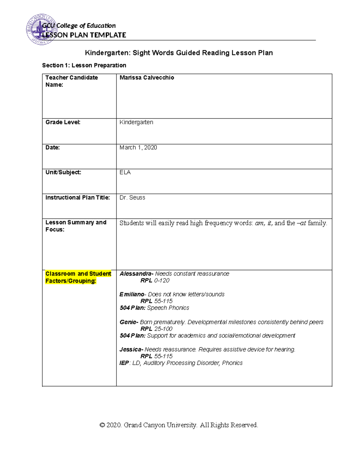 Differentiating Instruction - LESSON PLAN TEMPLATE Kindergarten: Sight ...