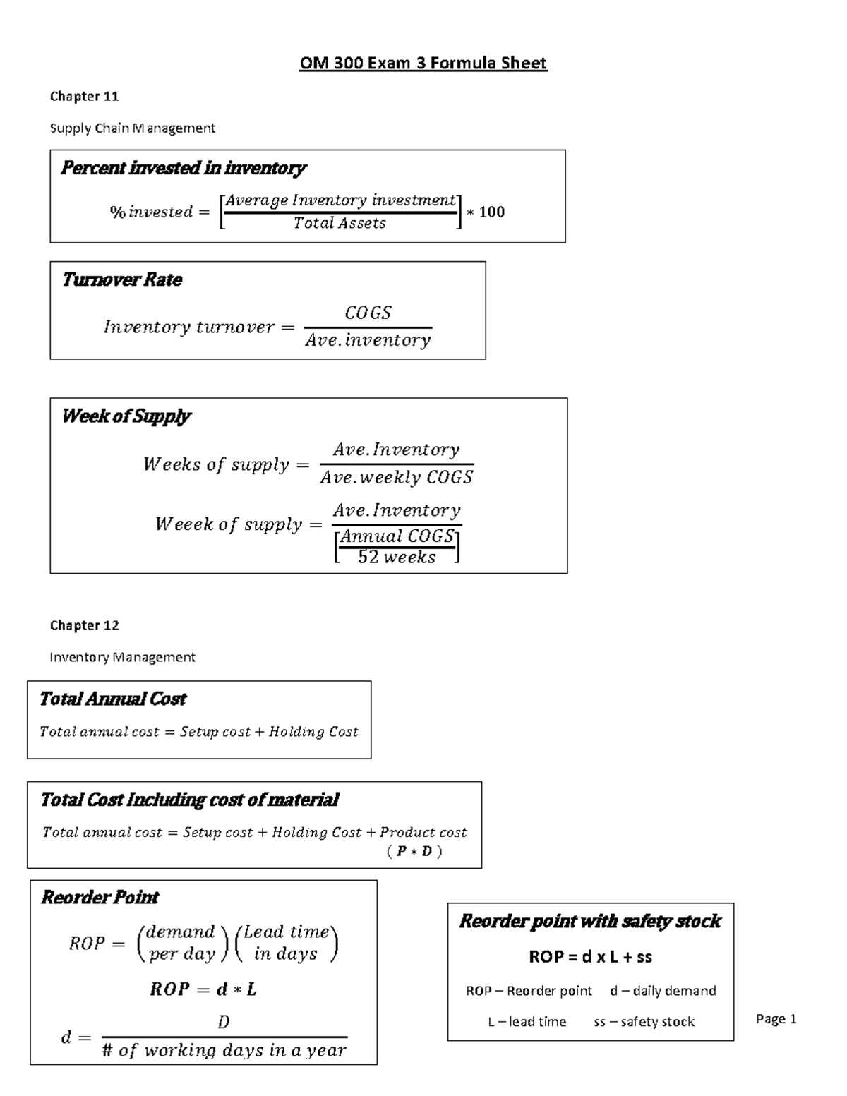 Exam 3 Formula Sheet - Page 1 OM 300 Exam 3 Formula Sheet Chapter 11 ...