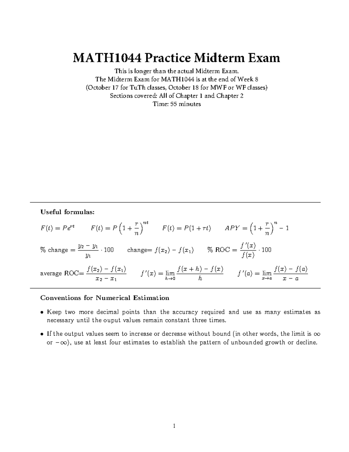 FA24Practice Midterm - N/A - MATH1044 Practice Midterm Exam This is ...