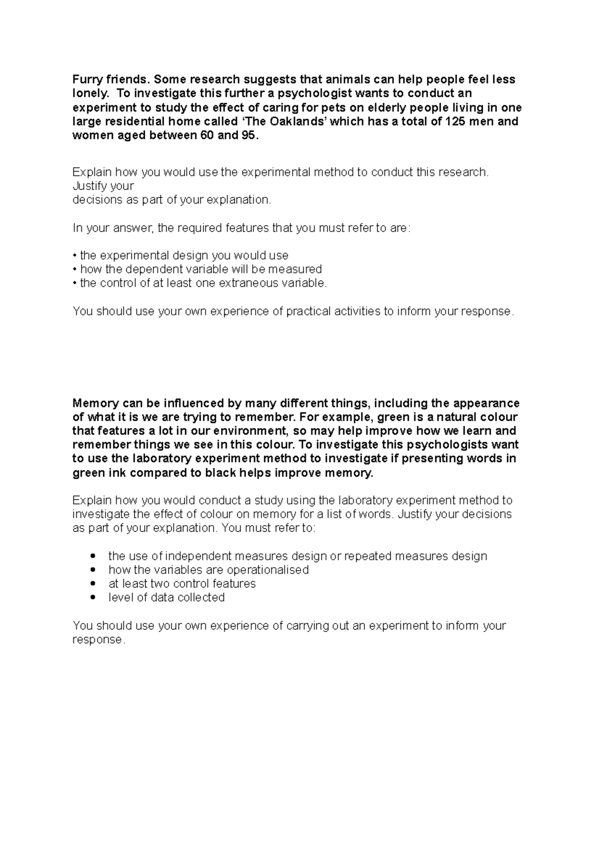 15 mark questions - These notes are all for the research methods ...