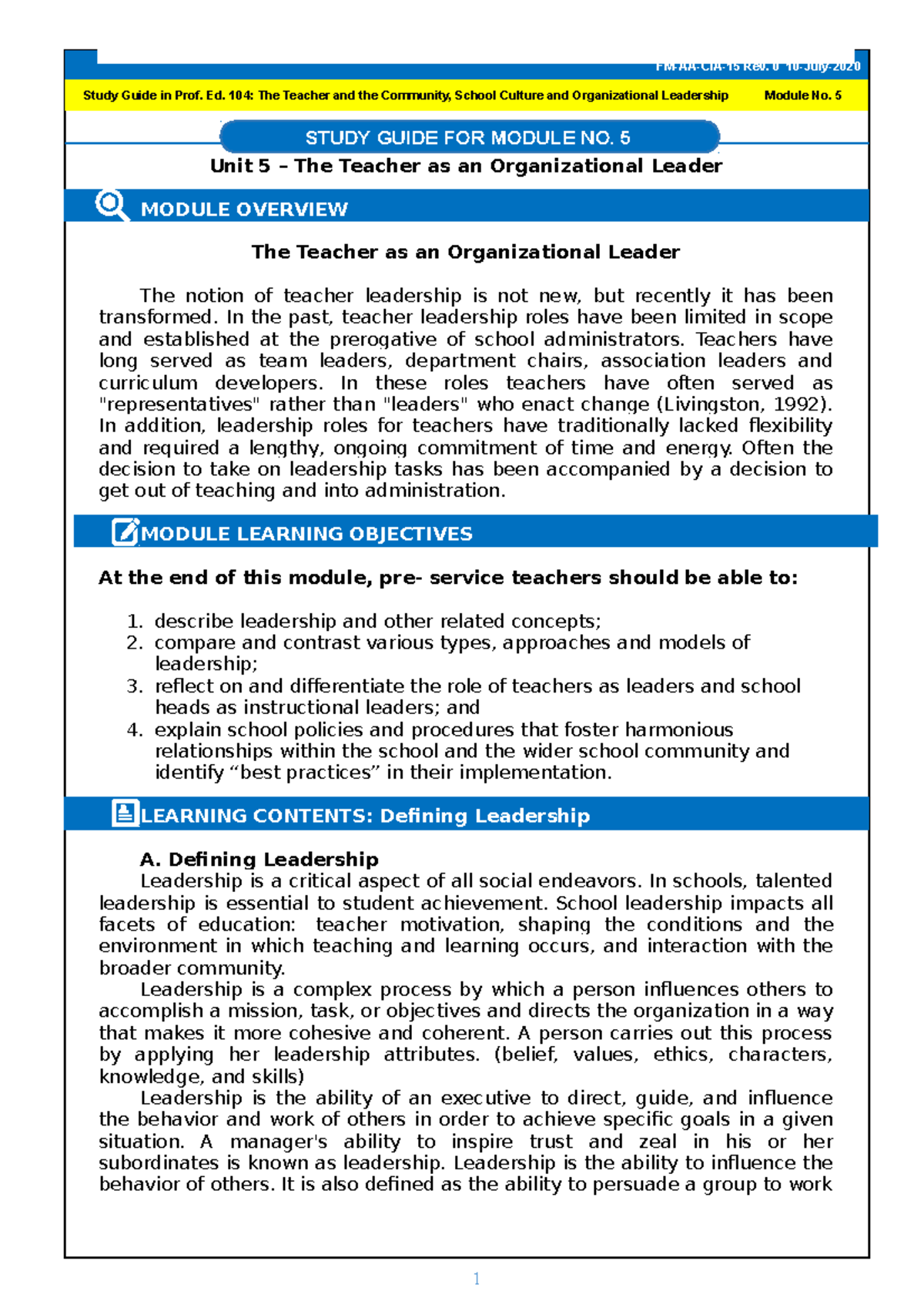 PROF ED 104 SG 5 - Professional Education 104 Study Guide 5 - Unit 5 ...