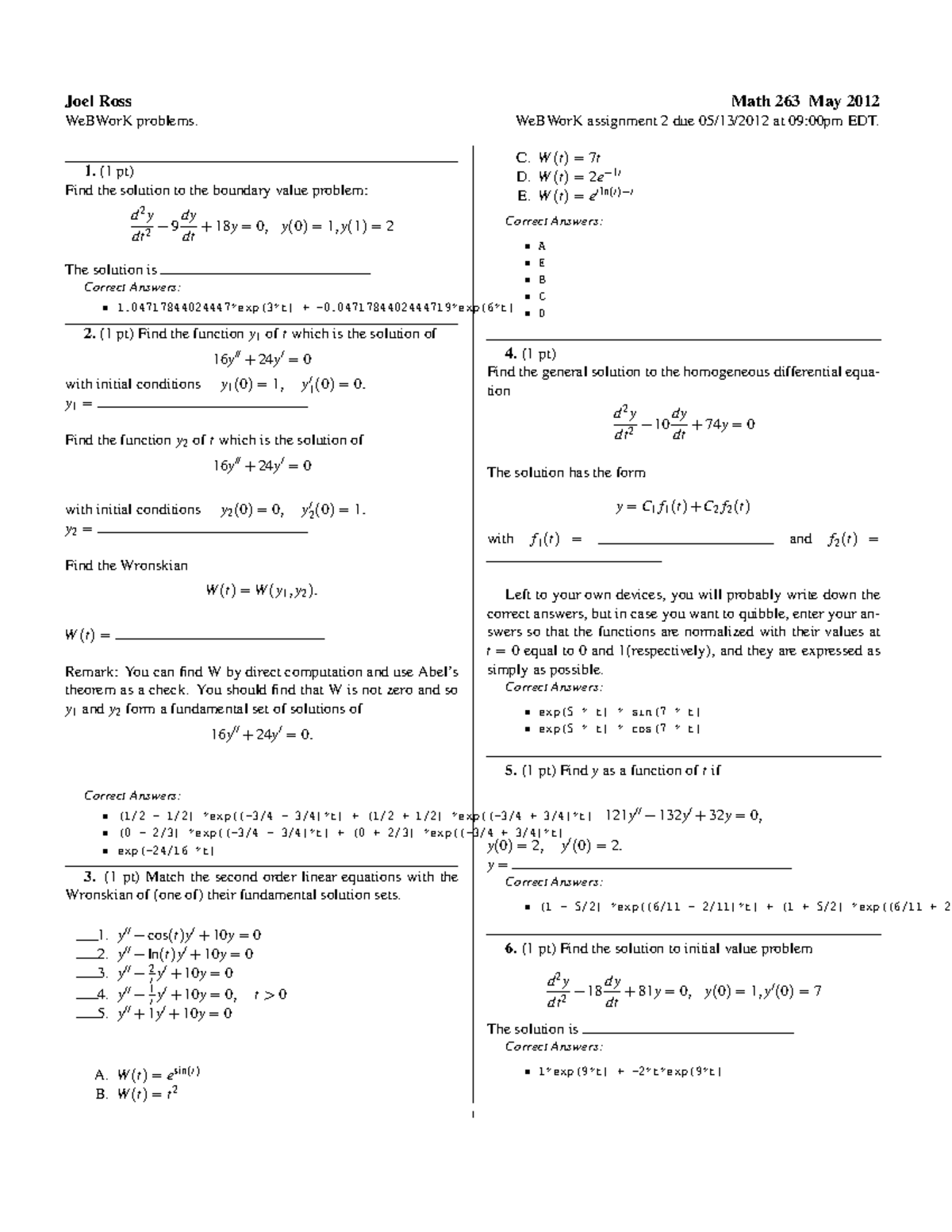 MATH 263 - Web Work 2 - MATH 263 - Web Work 2 for online homework #2 ...