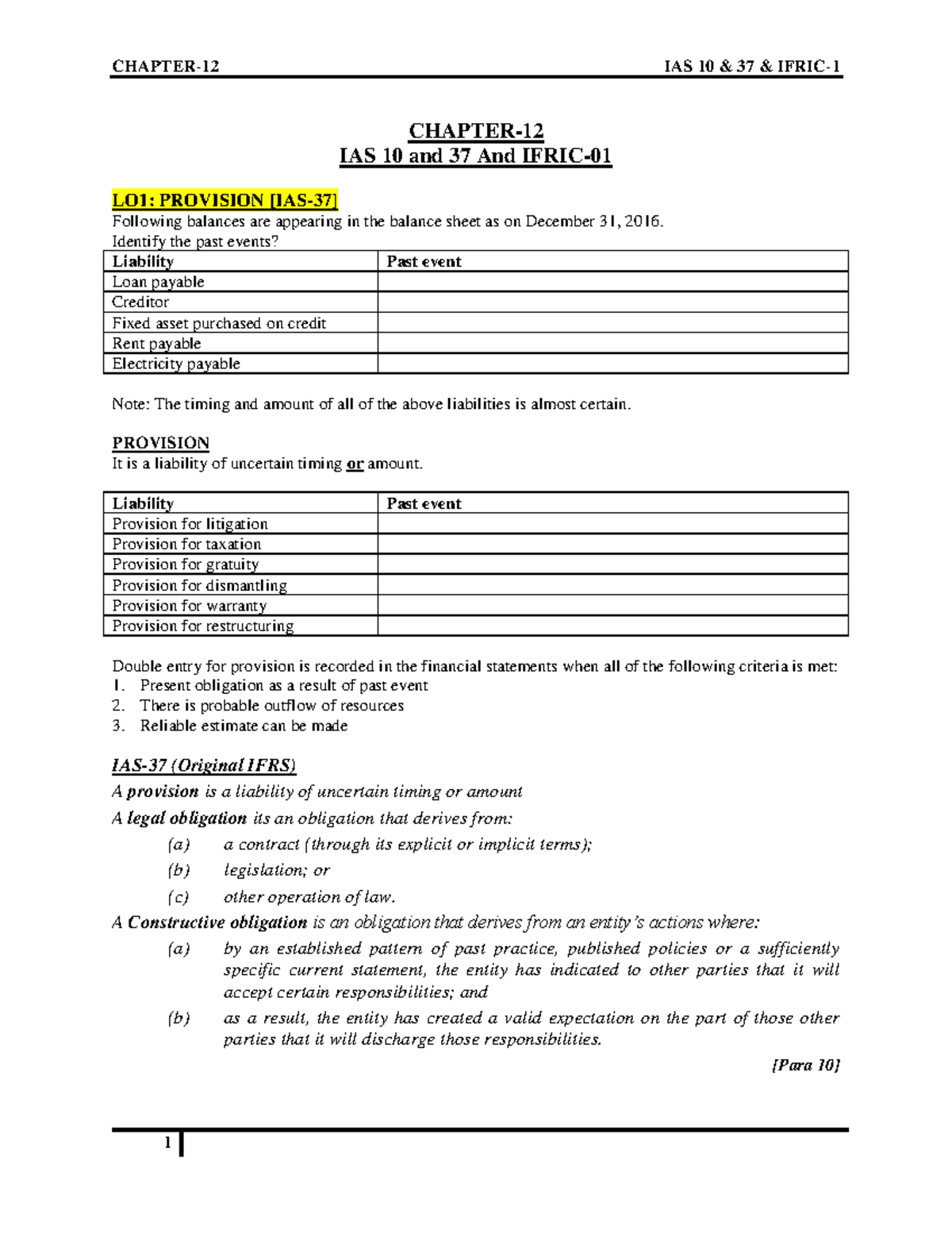 IAS 10,37 Final - CHAPTER- IAS 10 and 37 And IFRIC- LO1: PROVISION [IAS-37] Following balances ...