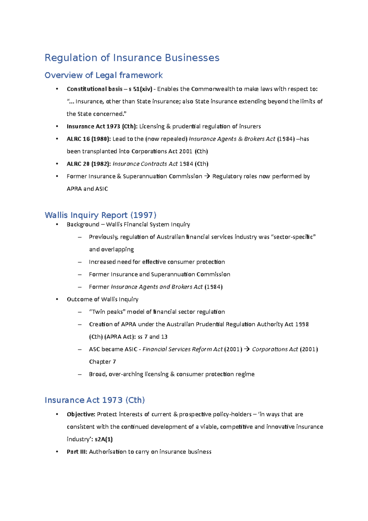Insurance law notes week 1 - Regulation of Insurance Businesses ...