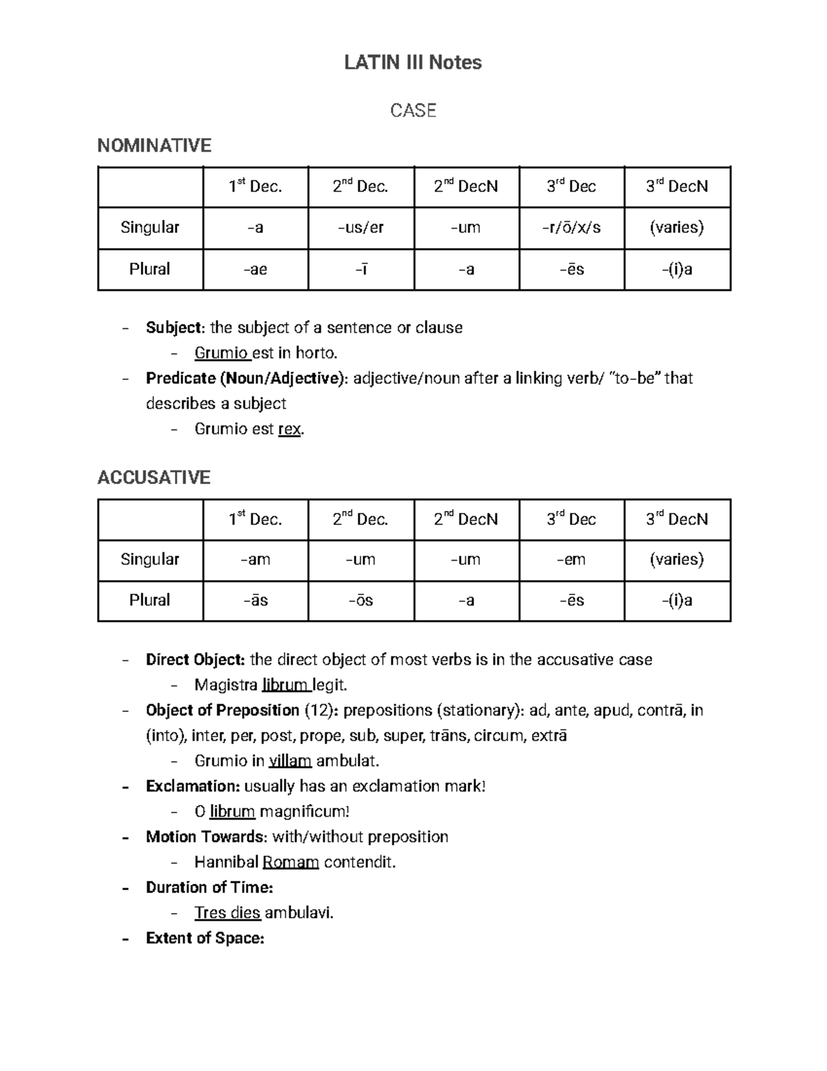 Latin III Summative Notes-Oneal(1) - LATIN III Notes CASE NOMINATIVE 1 ...
