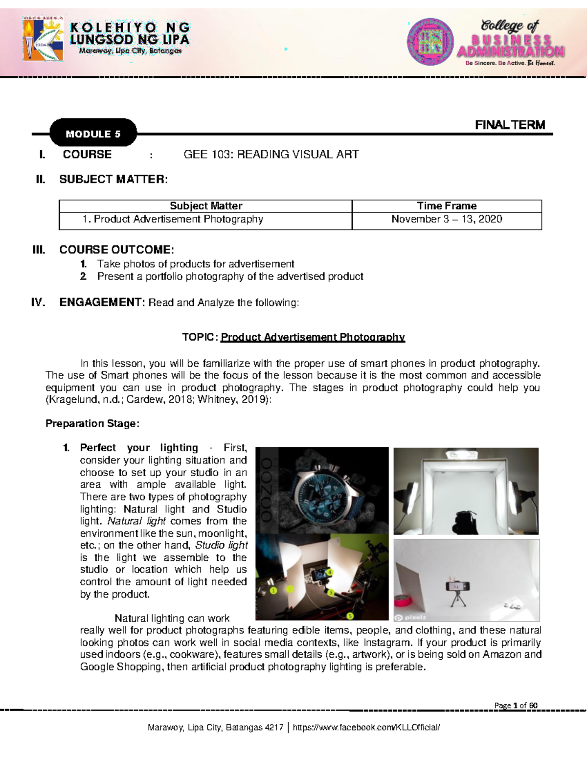 RVA ( Module 5) - Page 1 of 60 I. COURSE : GEE 103: READING VISUAL ART ...