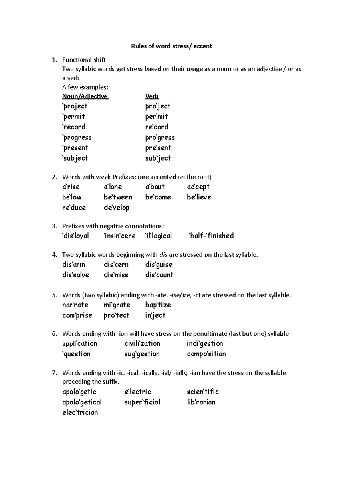CEN- Rules of word stress - Rules of word stress/ accent Functional ...