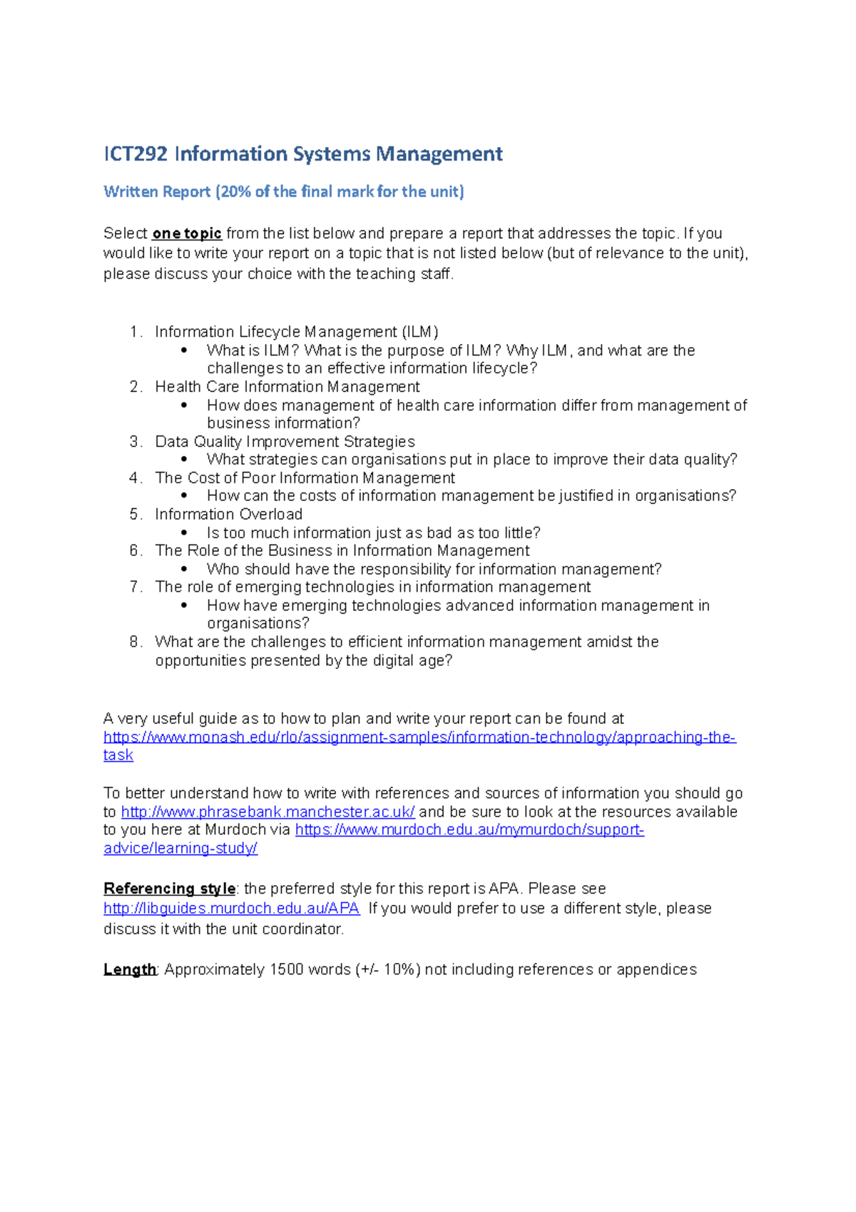 Written Report Information Sheet - ICT292 Information Systems ...