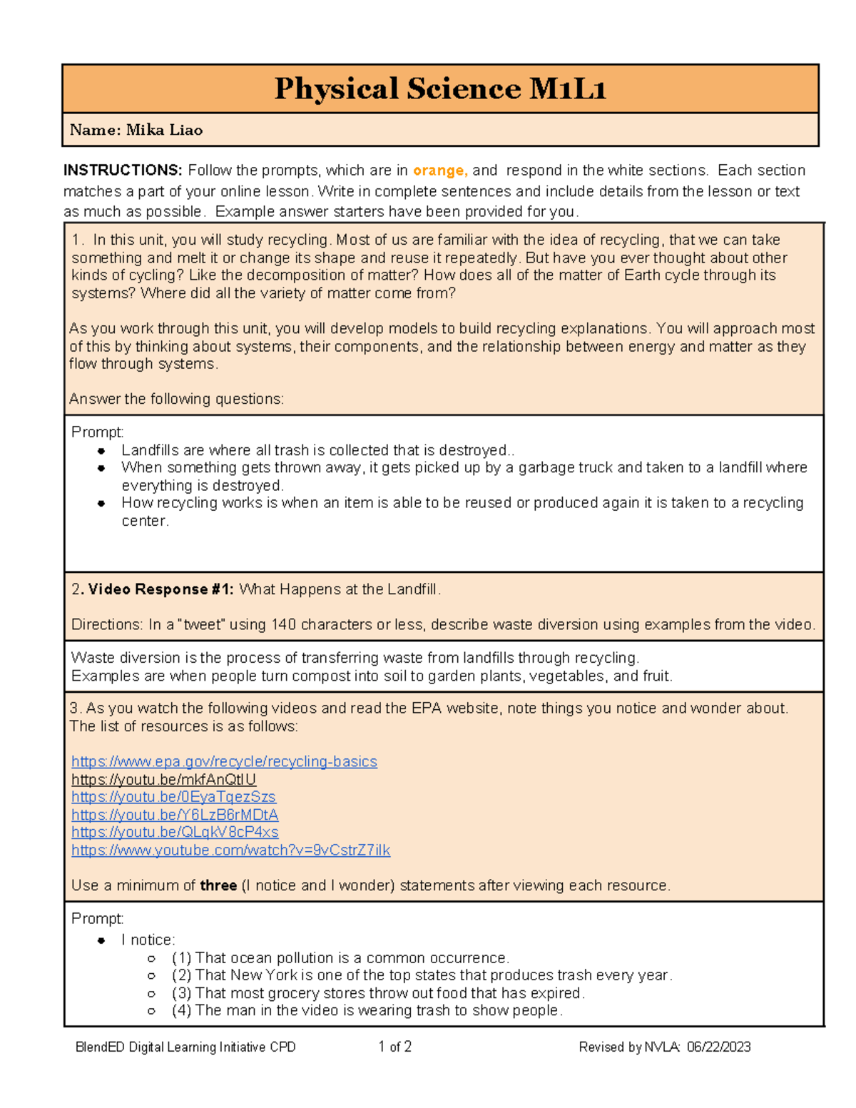 Copy of M1L1 Assignment - Phenomena - Physical Science M1L Name: Mika ...