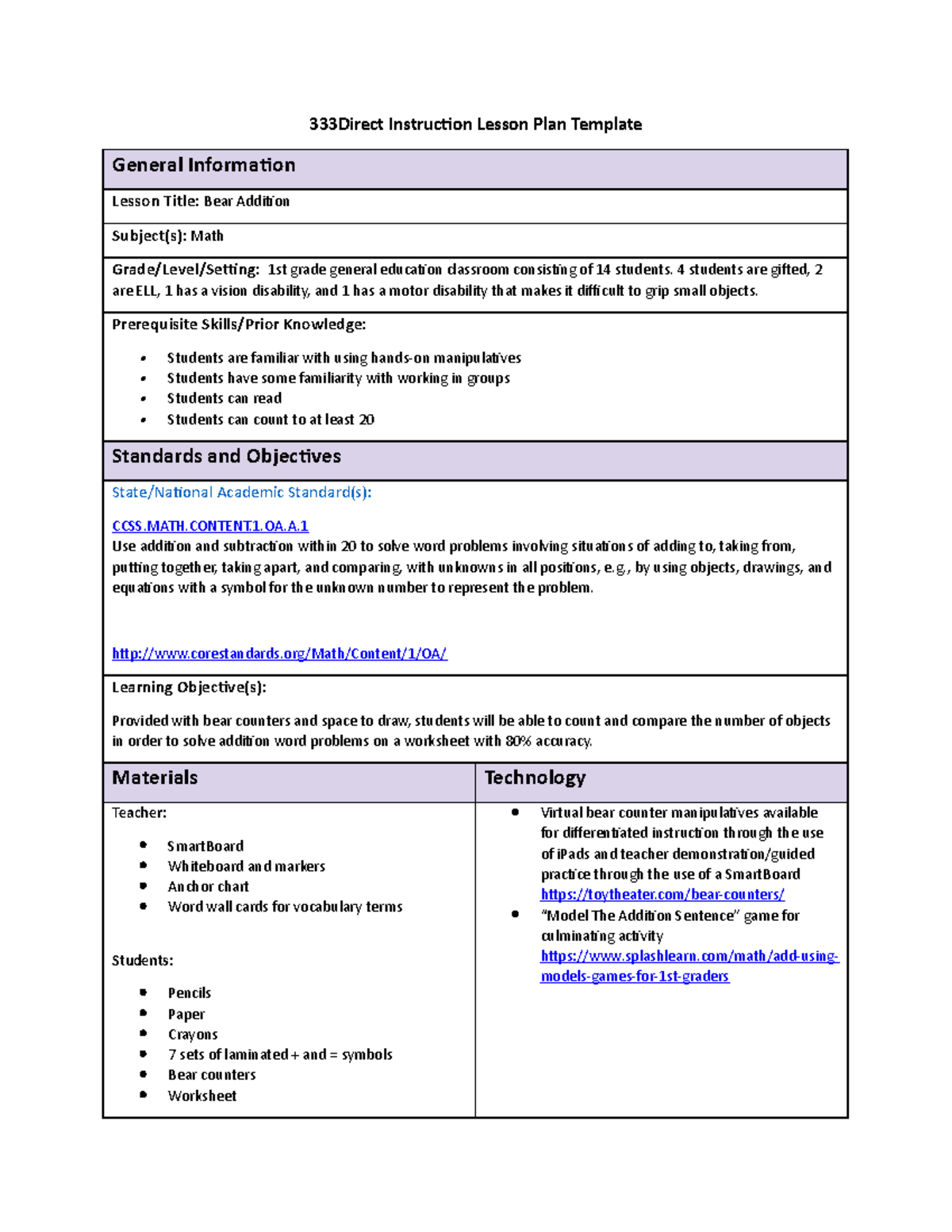 C109 Lesson Plan - 333Direct Instruction Lesson Plan Template General ...