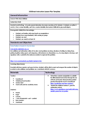 LMM1 task 1 Math Tools - Elementary mathematics methods lesson plan passed - LMM1 Task 1: Math ...