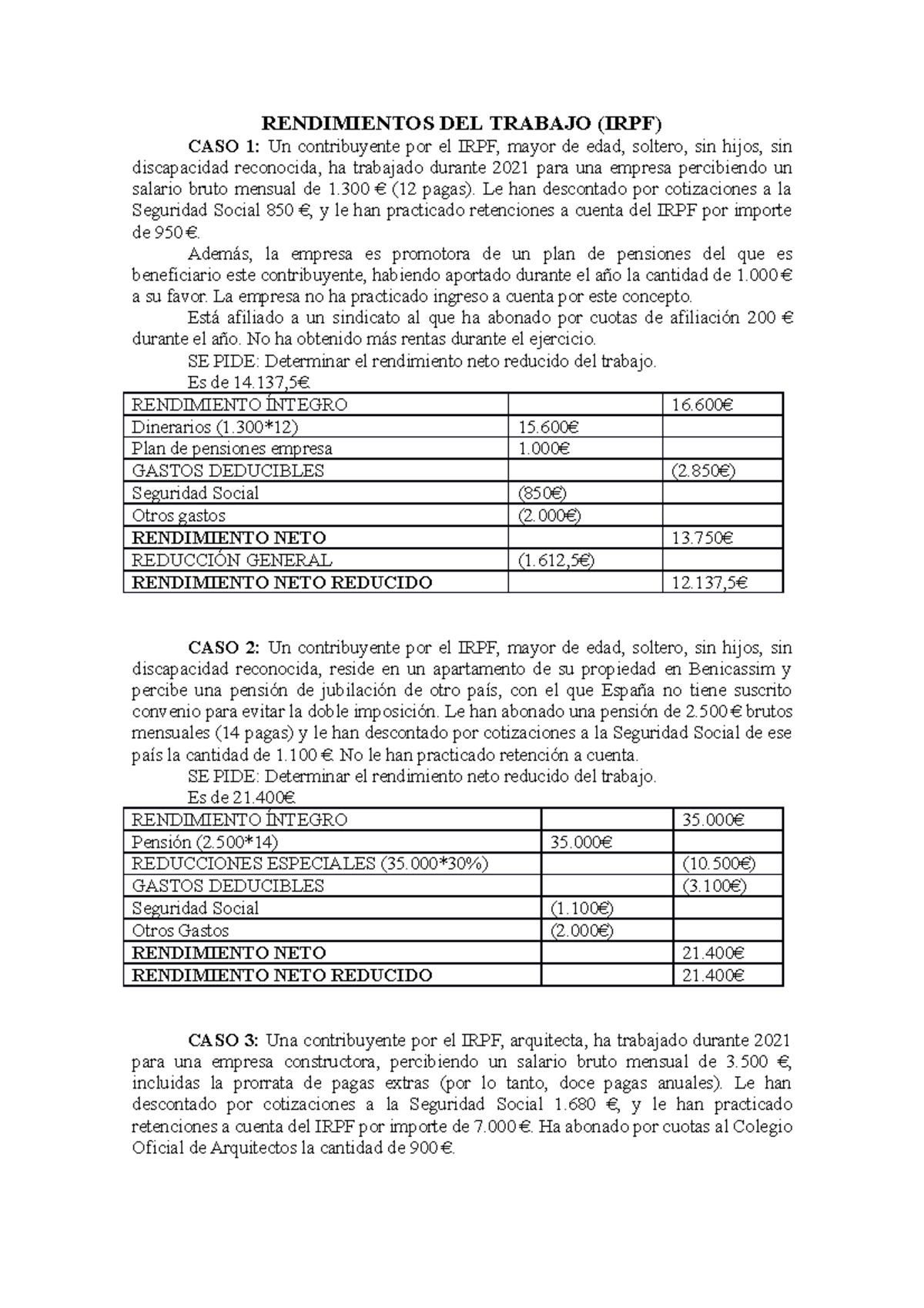 Casos Rendimientos DEL Trabajo 2022-23 - RENDIMIENTOS DEL TRABAJO (IRPF) CASO 1: Un ...