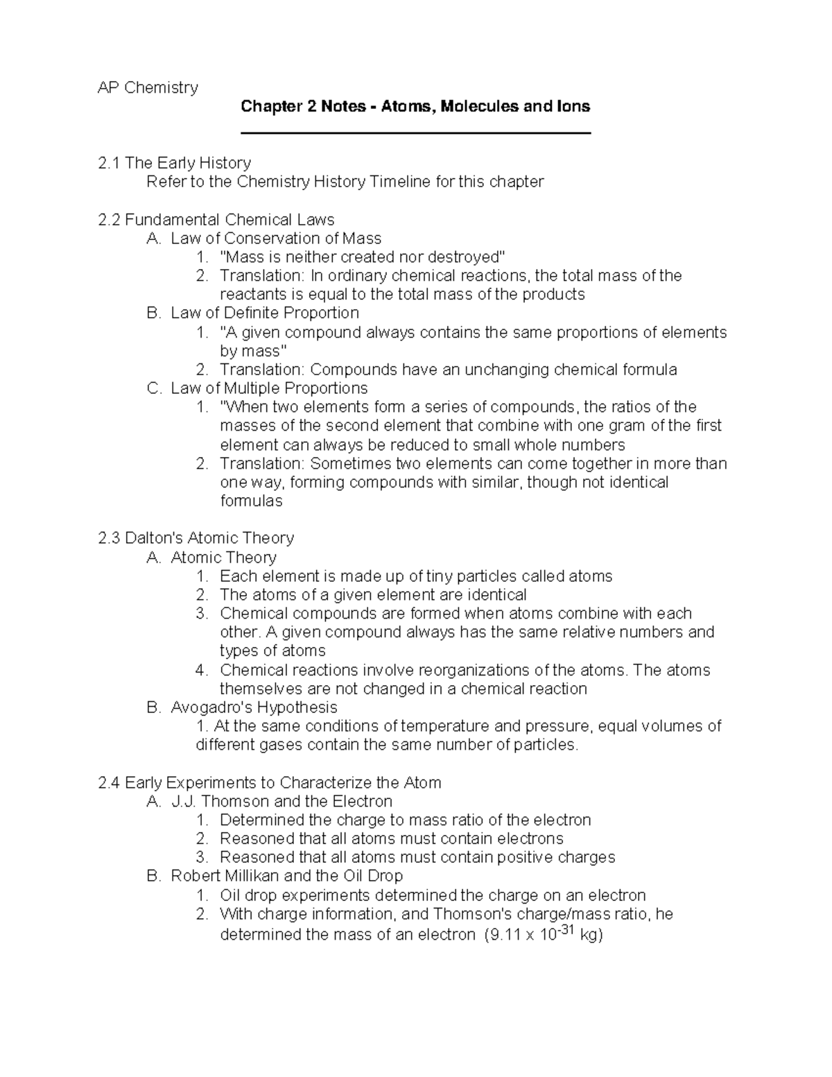 Ch02 notes - AP Chemistry Chapter 2 Notes - Atoms, Molecules and Ions 2 ...