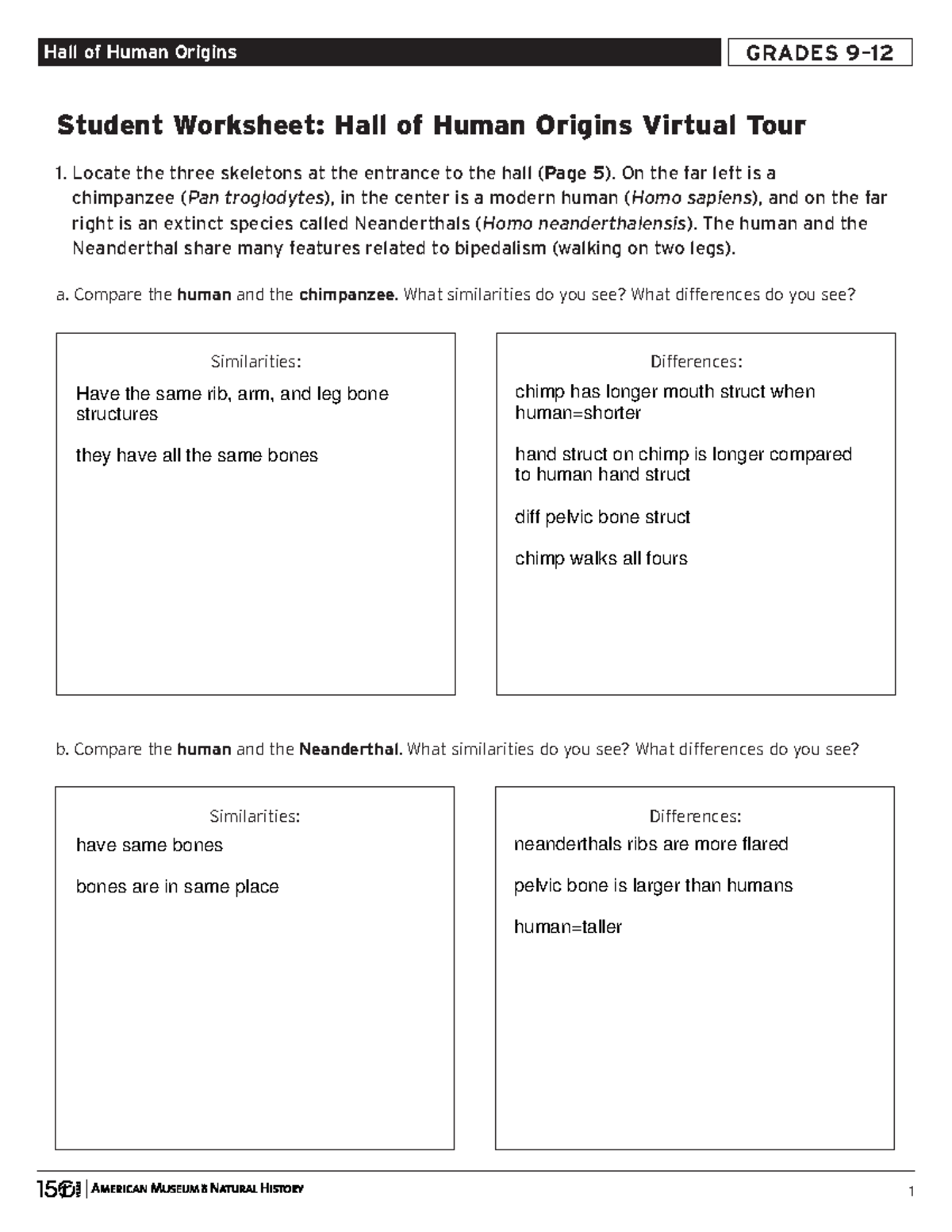 Hall of human origins virtual field trip worksheet - Hall of Human ...