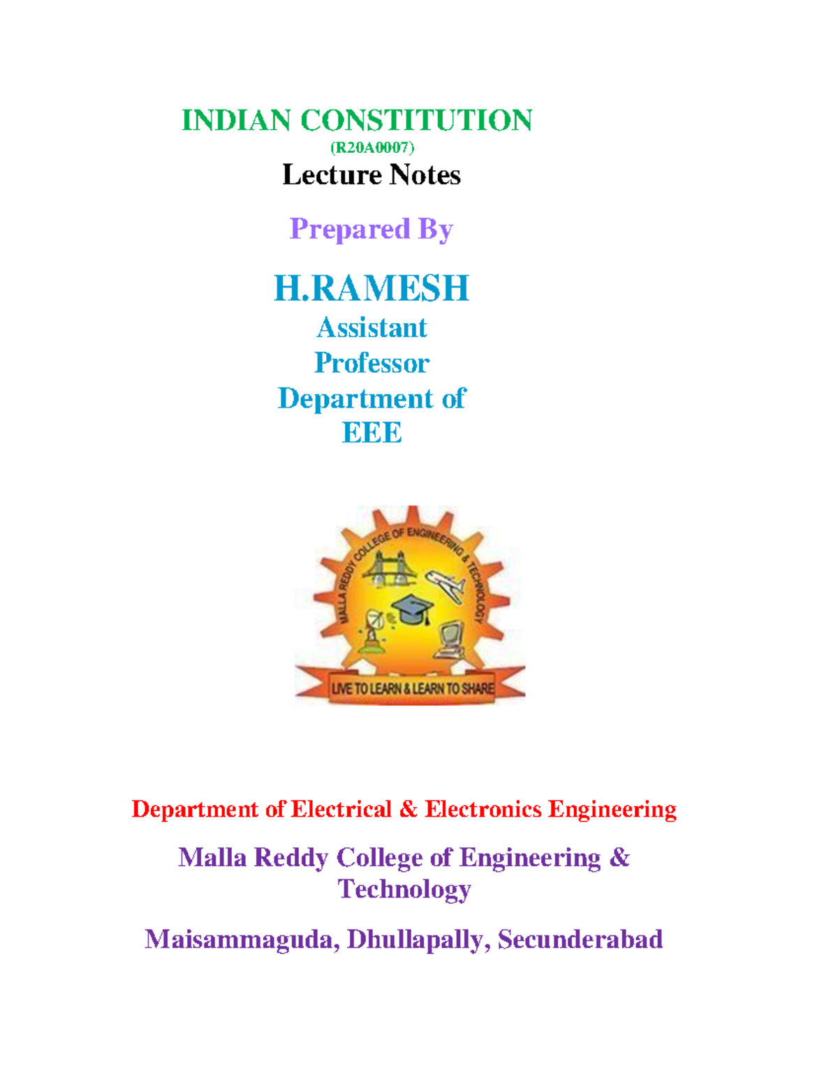 Indian Constitution Digital Notes - INDIAN CONSTITUTION (R20A0 007 ...