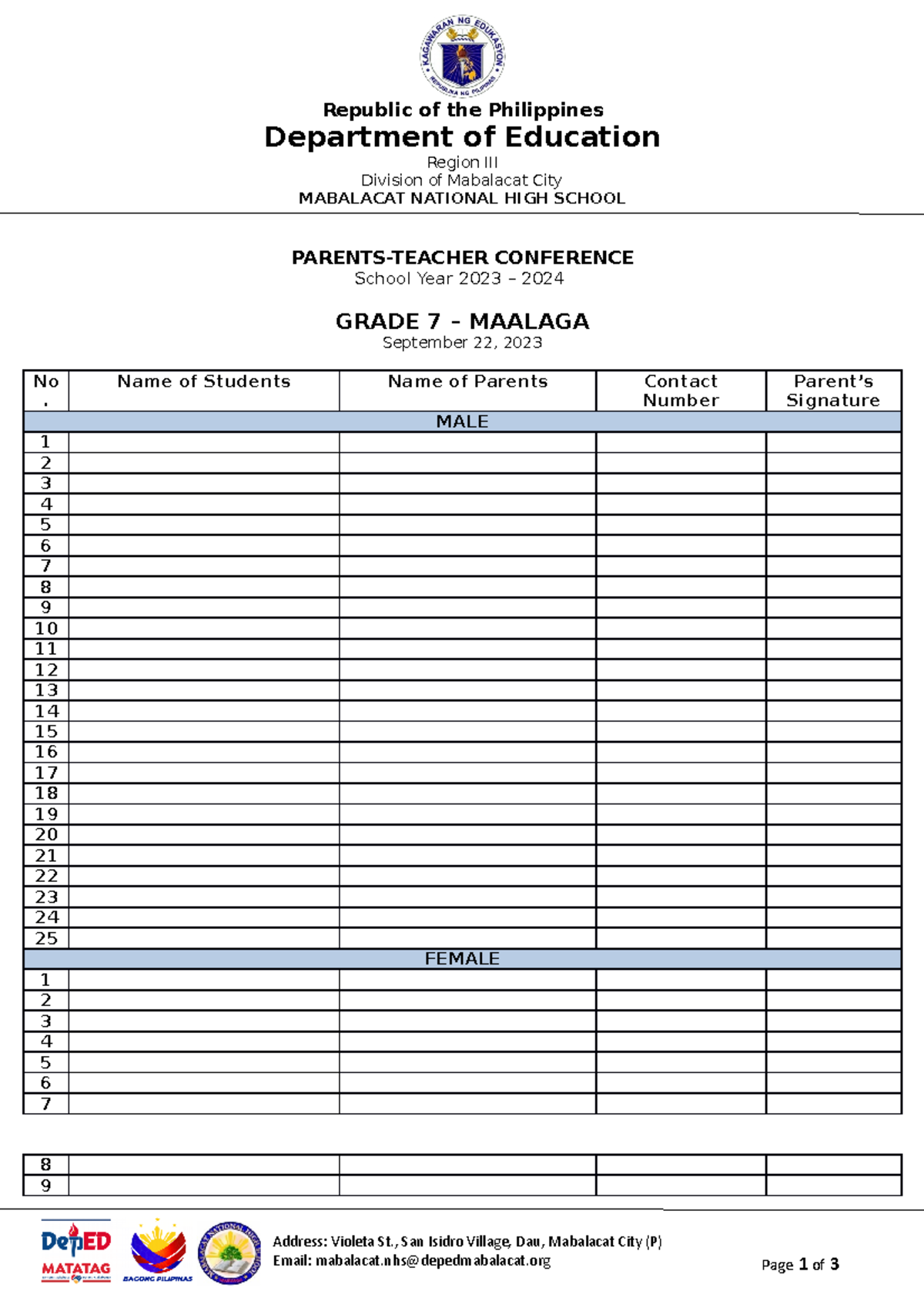 PTC-Attendance - Samplen Template for PTC - Republic of the Philippines ...
