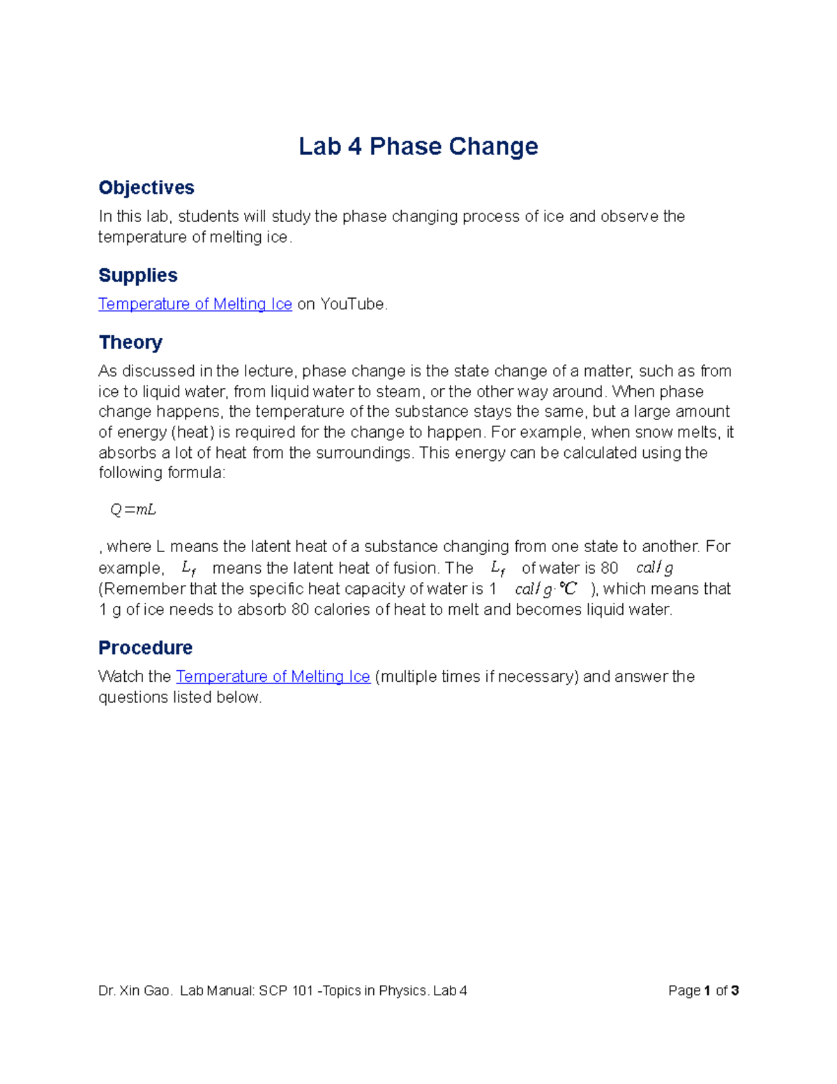Lab5 Temperature Heat Completed - Lab 4 Phase Change Objectives In this ...