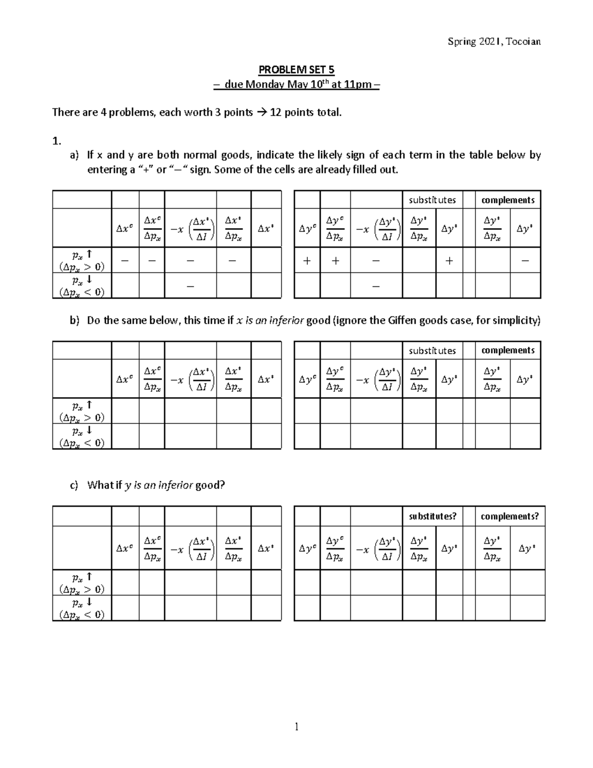 PS5 - Problem Set 5 - Spring 2021, Tocoian 1 PROBLEM SET 5 – due Monday May 10th at 11pm – There ...