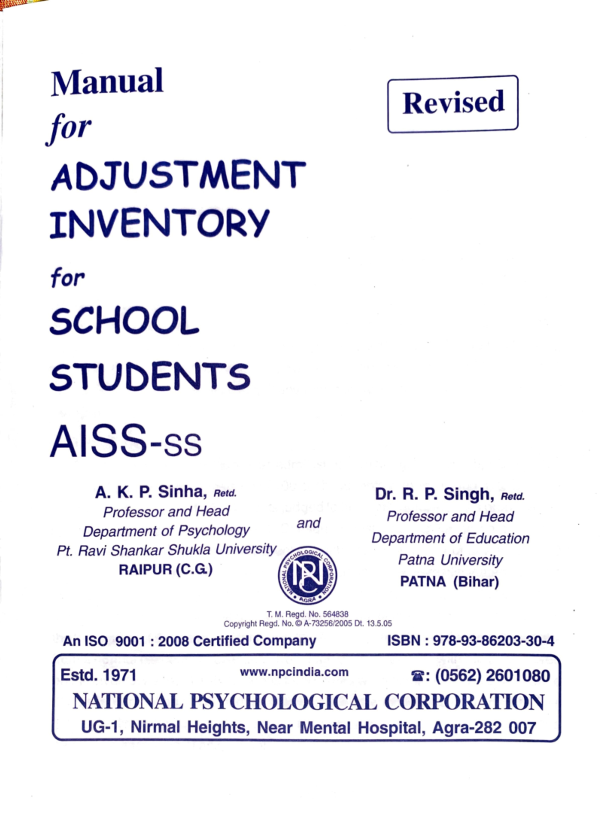 AISS ( Revised) - abc - Manual for ADJU STMENT INVENTORY for SCHOOL ...