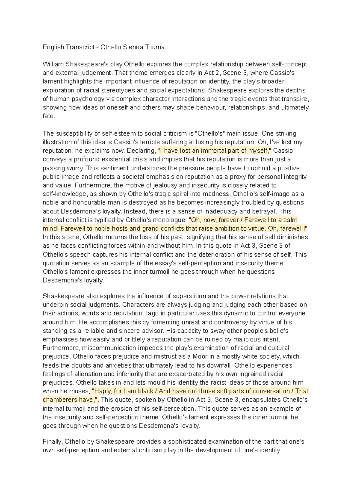 English Transcript - Othello - That theme emerges clearly in Act 2 ...