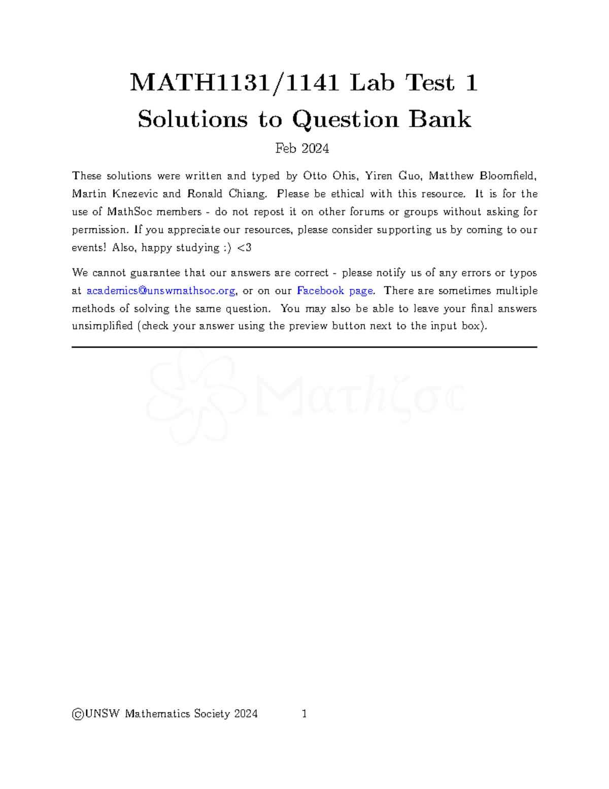 MATH1131 1141 Lab Test 1 2024 - MATH1131/1141 Lab Test 1 Solutions to ...