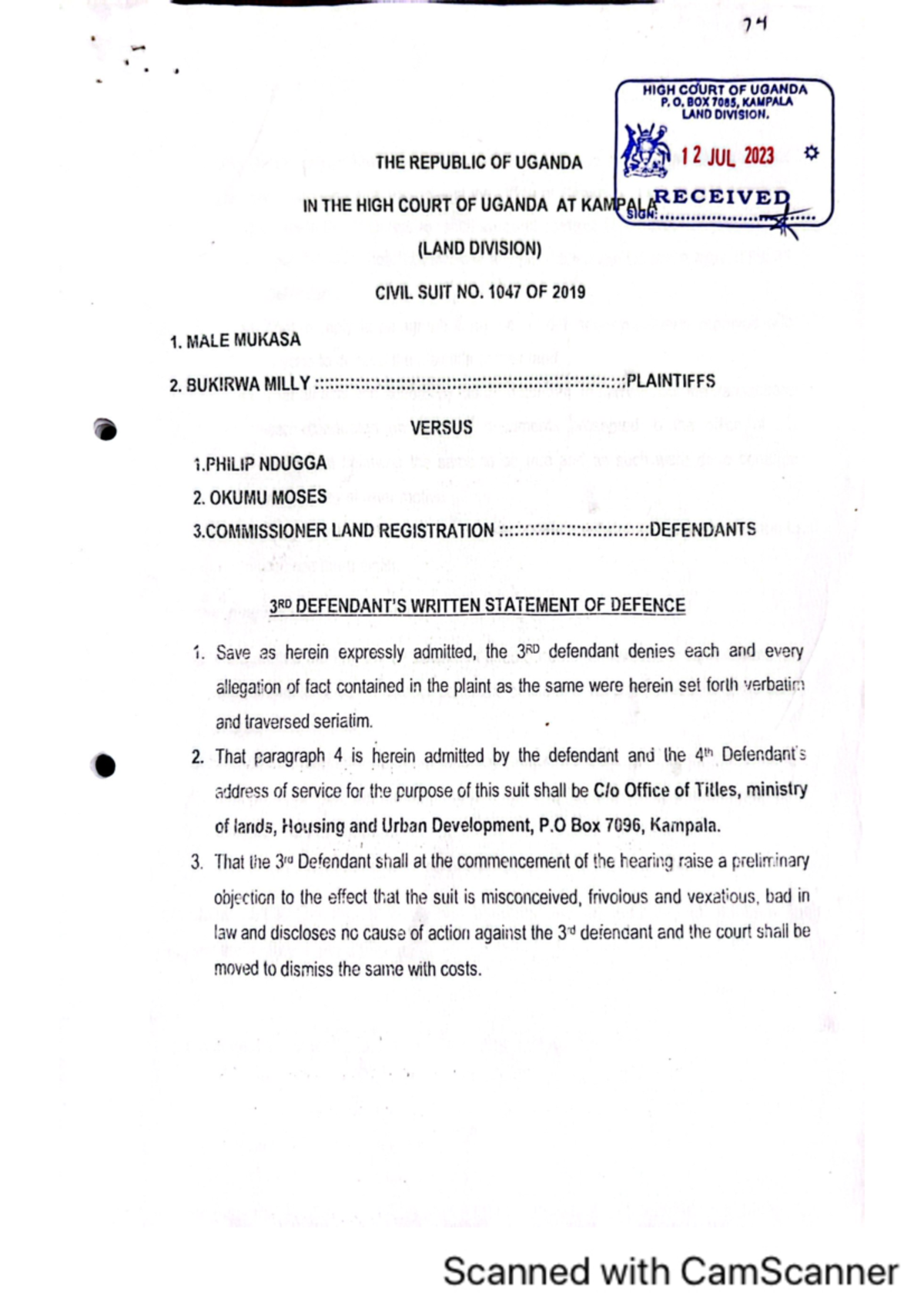 3rd defendants written statement of defence - 74 HIGH COURT OF UGANDA P ...