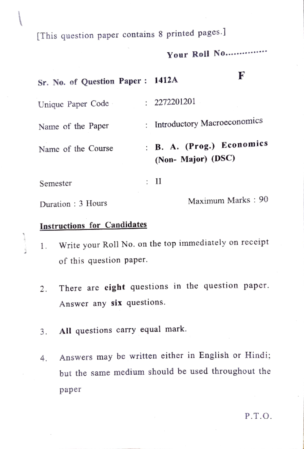 Economics-ques-paper - This question paper contains 8 printed pages. Your Roll No..... F Sr. No ...