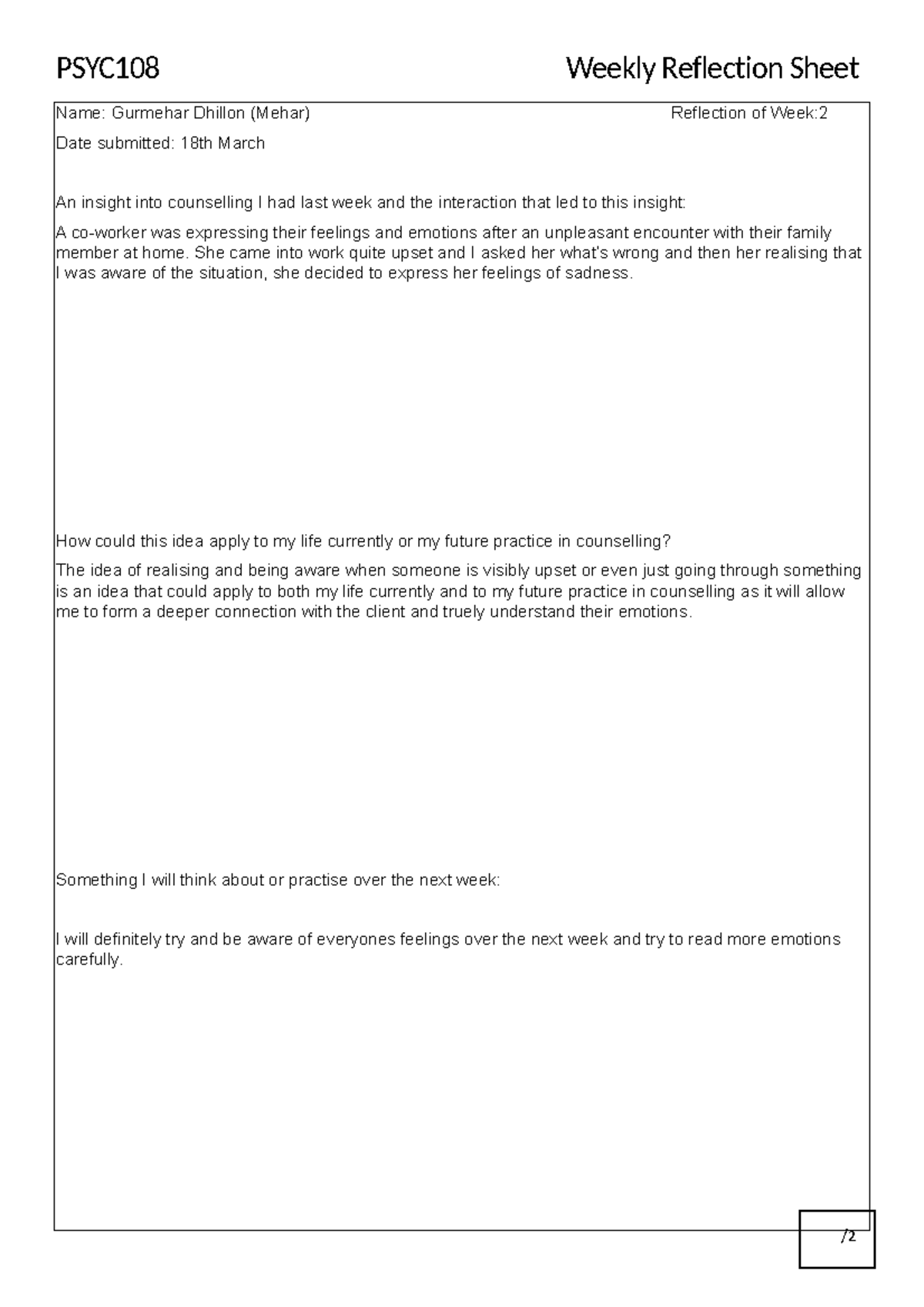 PSYC108 Weekly Reflection Sheet 2 - PSY10007 - Swinburne - Studocu