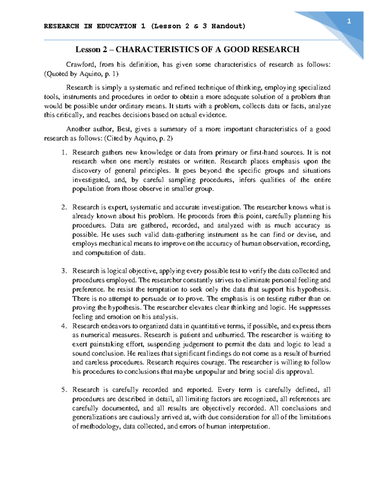 Characteristics of Good Research - RESEARCH IN EDUCATION 1 (Lesson 2 ...