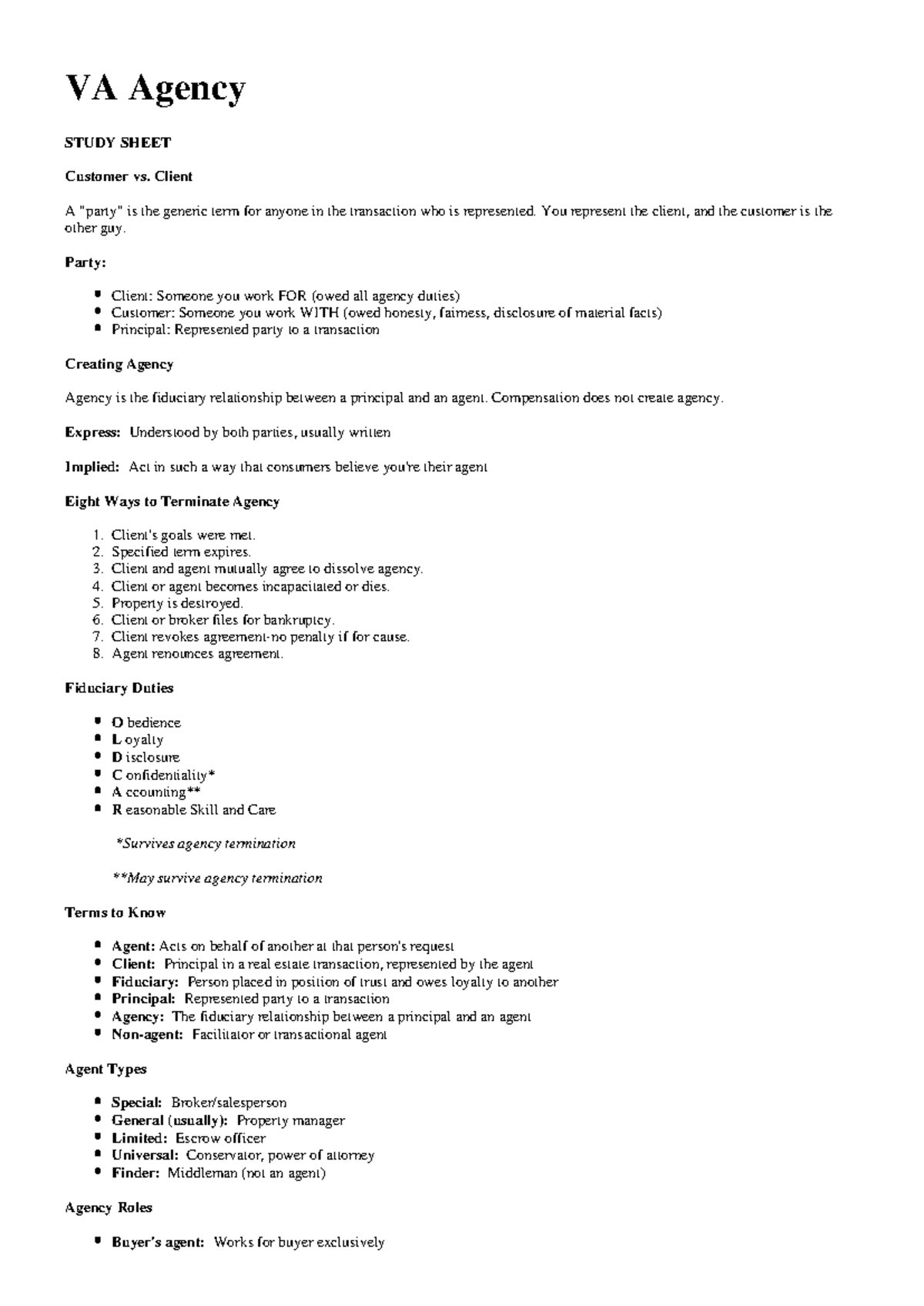 Virginia Agency Study Sheet - 1. 2. 3. 4. 5. 6. 7. 8. VA Agency STUDY ...