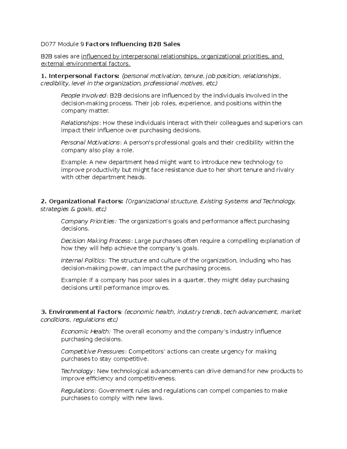 D077 Module 9 Factors Influencing B2B Sales - Interpersonal Factors ...