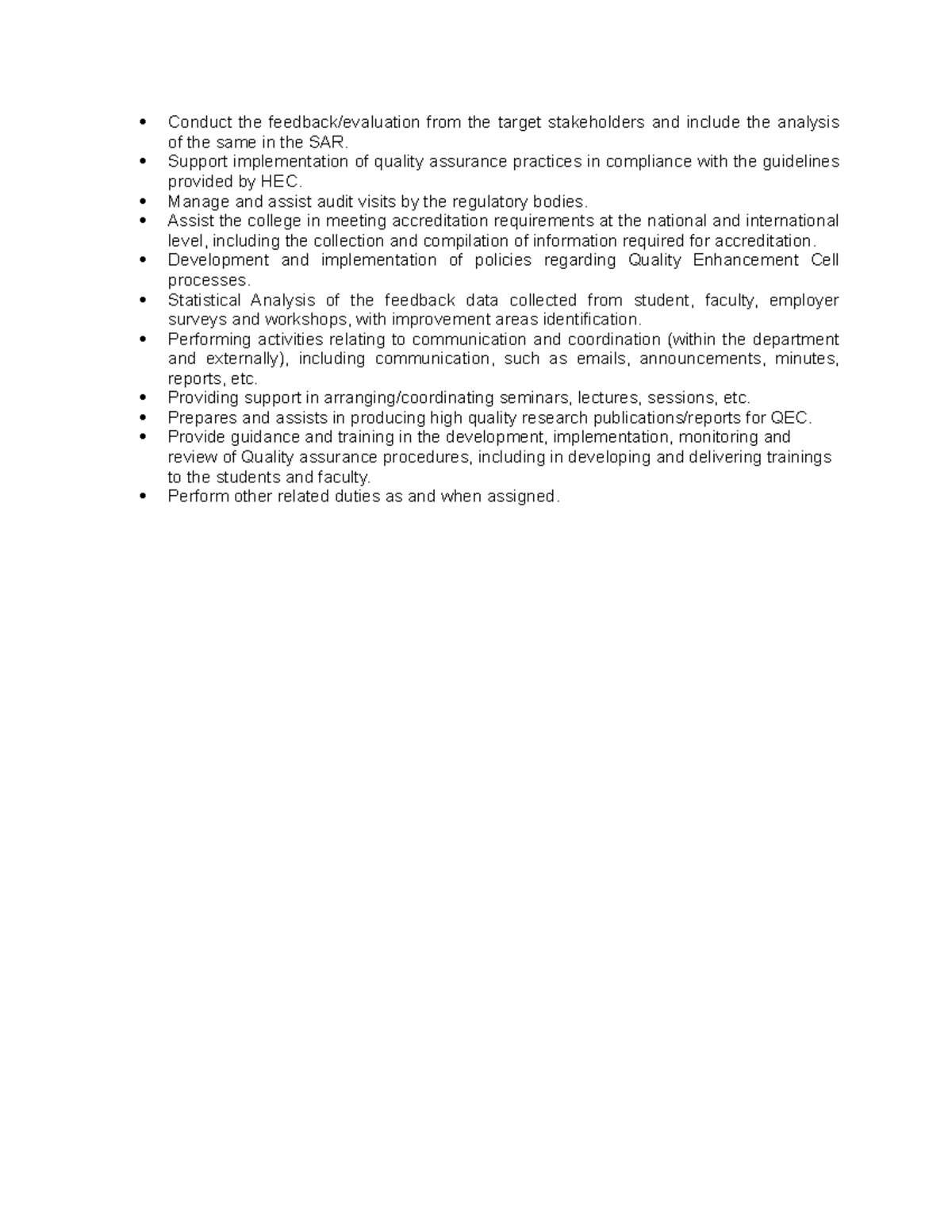 Activities of QEC officer - Conduct the feedback/evaluation from the ...