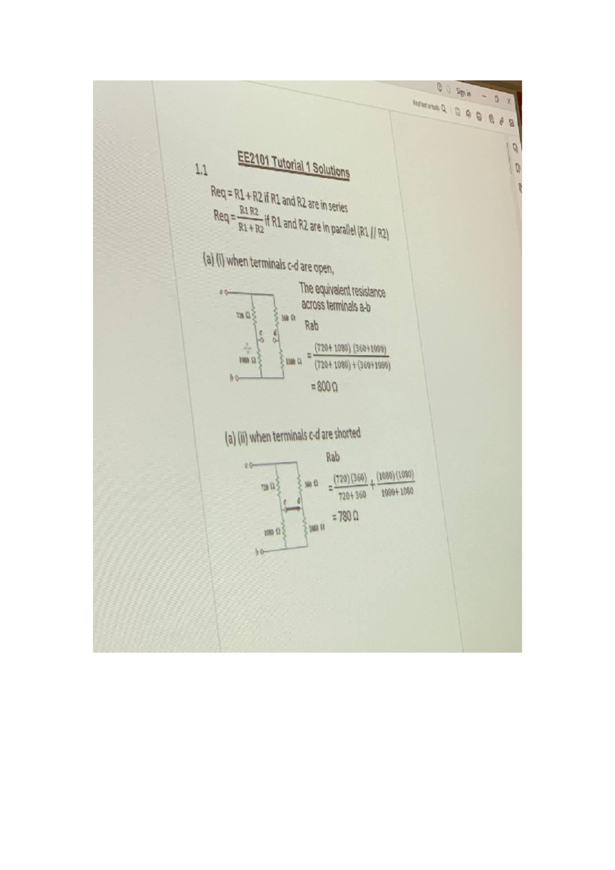 EE2101 - TUT 1 - 1 EE2101 Tutorial 1 Solutions R1 and R2 are in series R1 122 R1 R2 if R1 and R2 ...