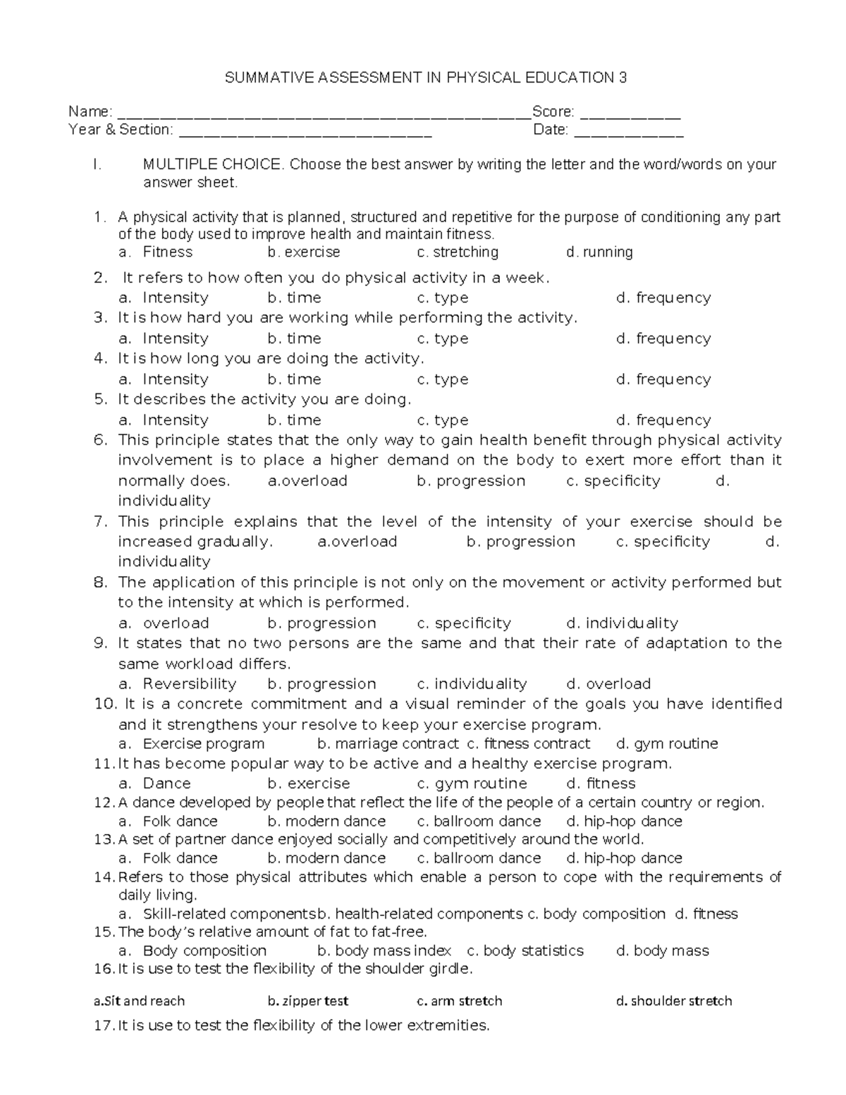Summative Assessment IN Physical Education 3 - SUMMATIVE ASSESSMENT IN ...