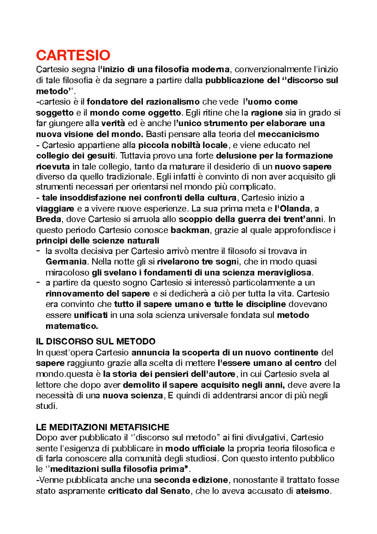 Cartesio - il riassunto è molto completo e contiene la vita e il ...