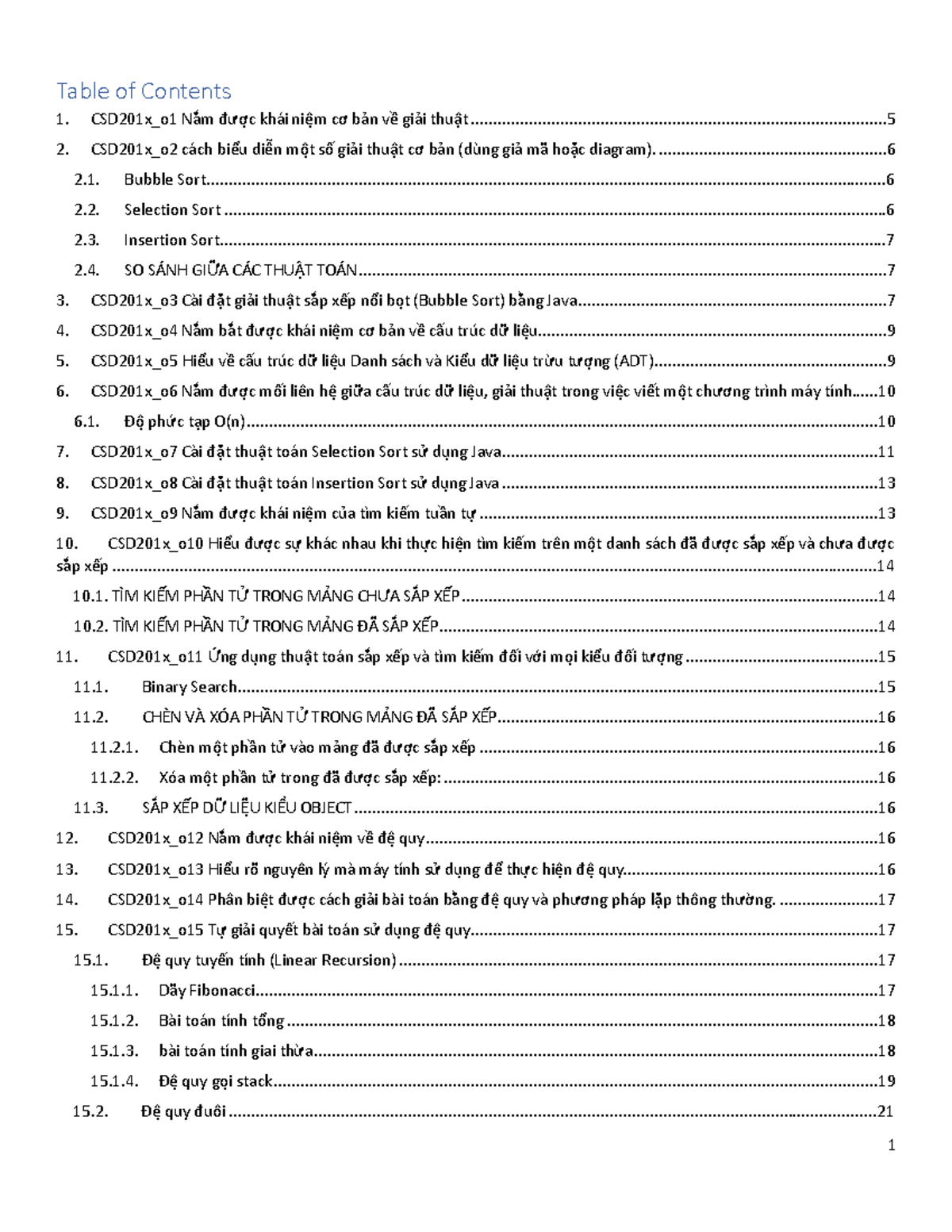 CSD201 x - Learning Outcomes - Table of Contents CSD201x_o1 Nắm được khái niệm cơ bản về giải ...
