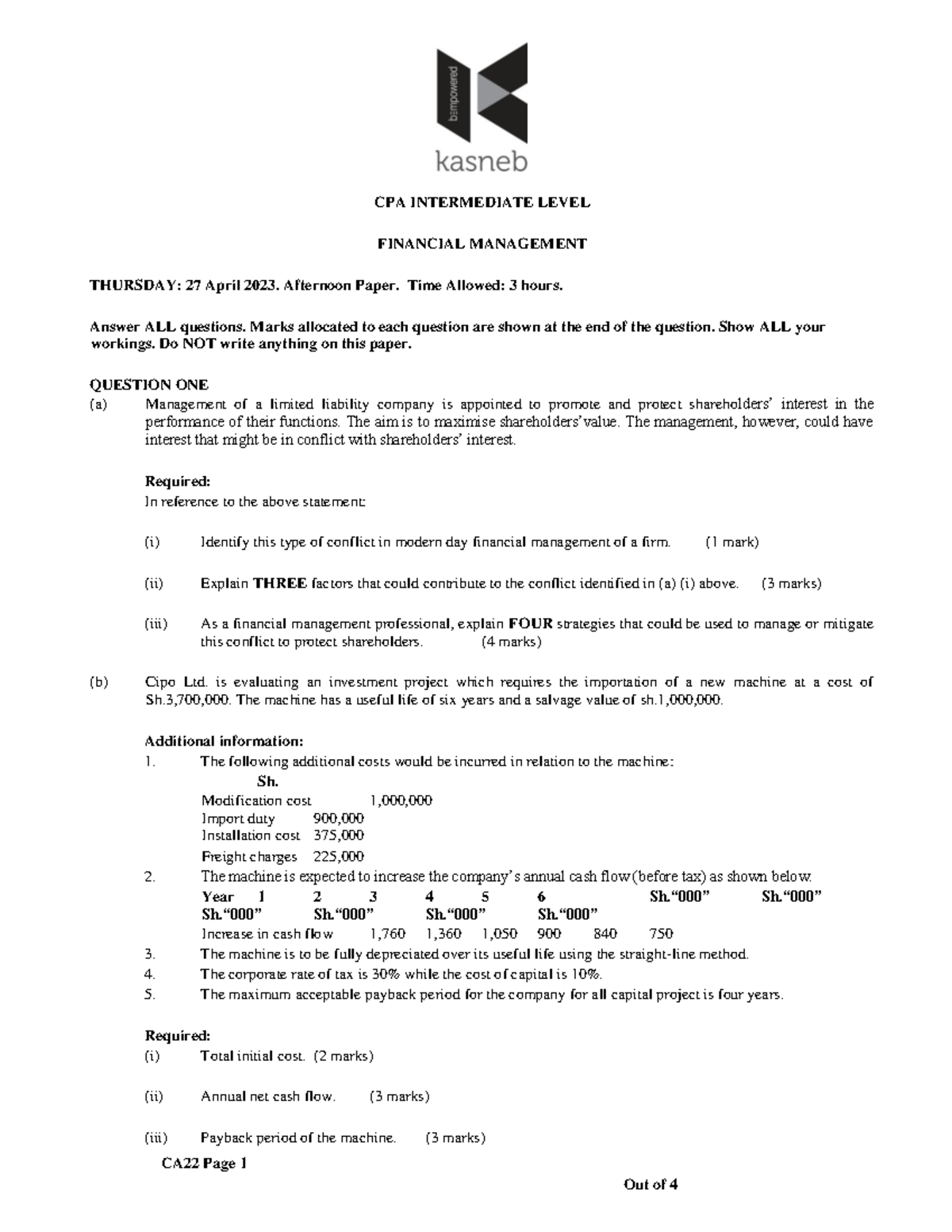 CA22 Financial Management - CA22 Page 1 CPA INTERMEDIATE LEVEL ...