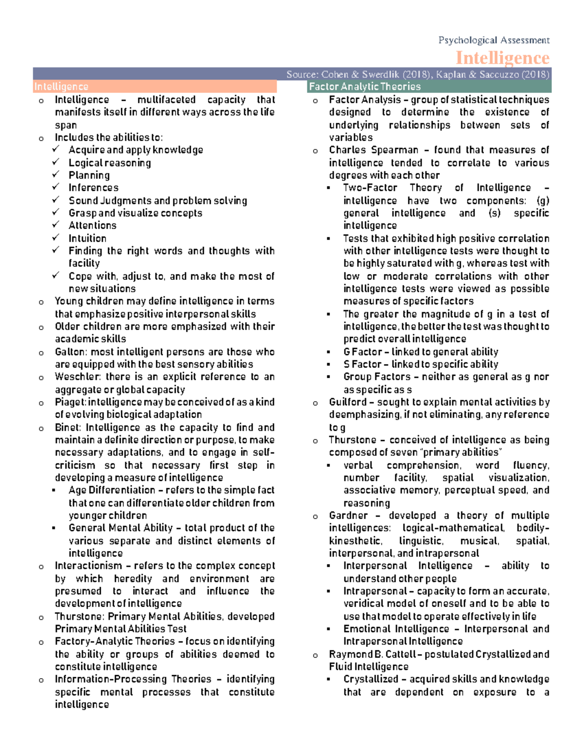 Psych Assess 6 Intelligence - Intelligence Source: Cohen & Swerdlik ...