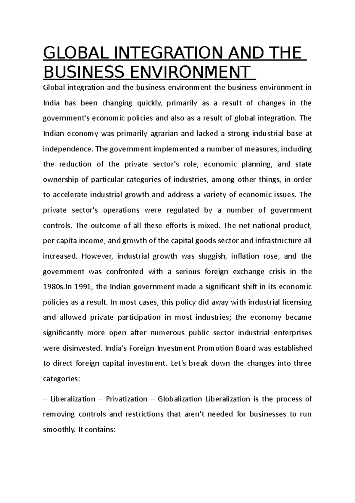 Global Integration AND THE Business Environment - GLOBAL INTEGRATION ...