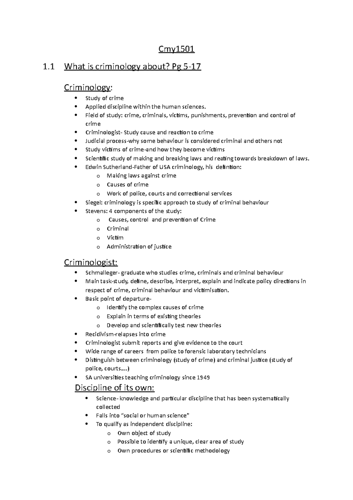 Cmy1501-notes - NOTES - Cmy 1 What is criminology about? Pg 5 ...